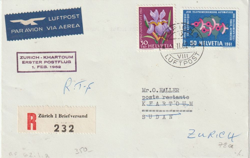 SELTEN, RF 62.1a, ZURICH - KHARTOUM, Fr 350.-- (Gebraucht) in Bure für CHF 75 – mit Lieferung ...