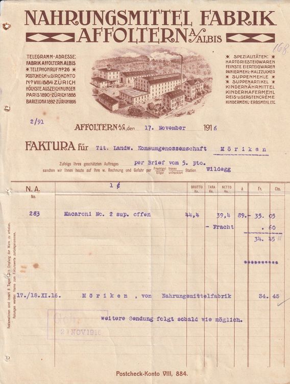 Litho Briefkopf Nahrungsmittel Fabrik AffolternA/Albis 1916 (Gebraucht) in Rupperswil für CHF 3 ...
