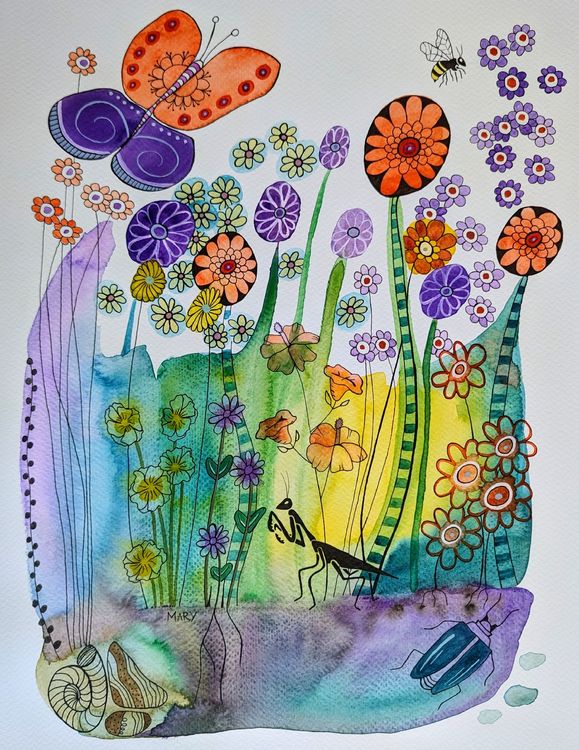 Original Aquarell Blumenwiese Käfer Biene Schmetterling (Neu und originalverpackt) in Wittenbach ...