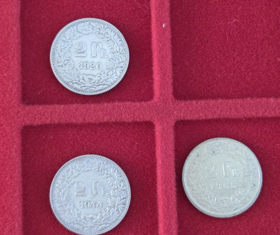 Schweizer 2 Franken Münzen, 3 Stk. 1920, 1944, 1965 (Gebraucht) in ...