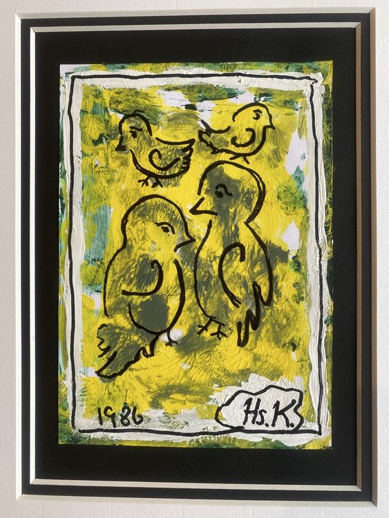 GEMÄLDE HANS KRÜSI CH VOGELPAAR MIT 2 JUNGEN 1986 (Gebraucht) in St. Gallen für CHF 290 – mit ...