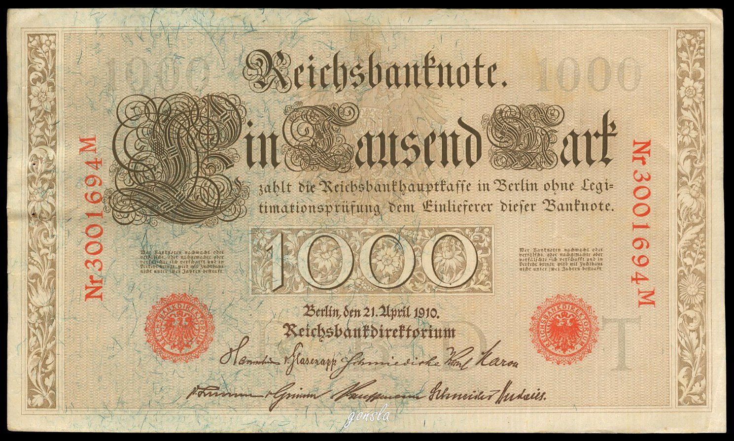 1000 REICHSBANT’NOTE 1910 " Reichs Bank Berlin" (D'occasion) à Onex ...