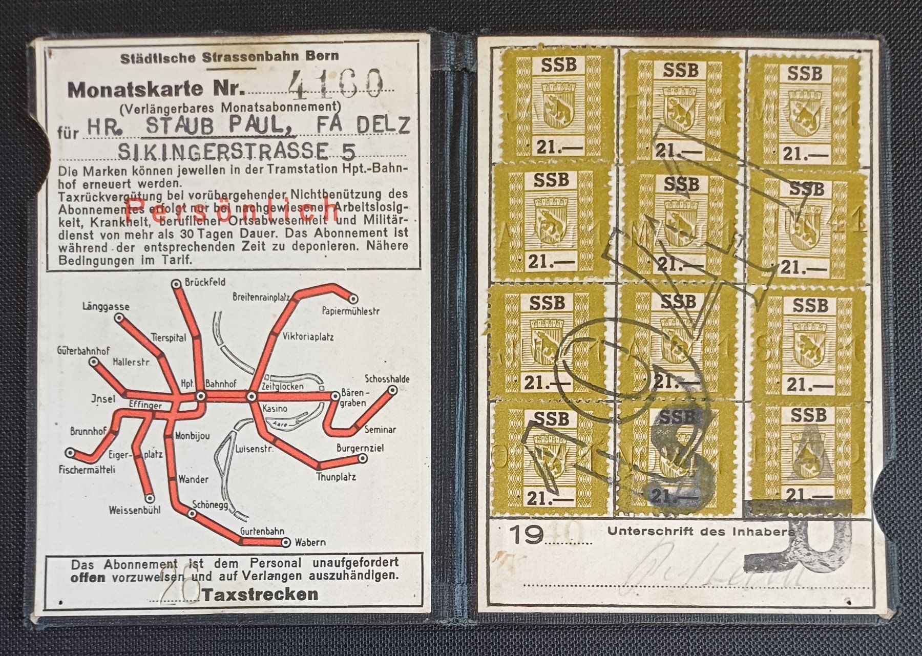 Antikes Ticket SSB (Städtische Straßenbahn Bern) 1941 (Gebraucht) in ...