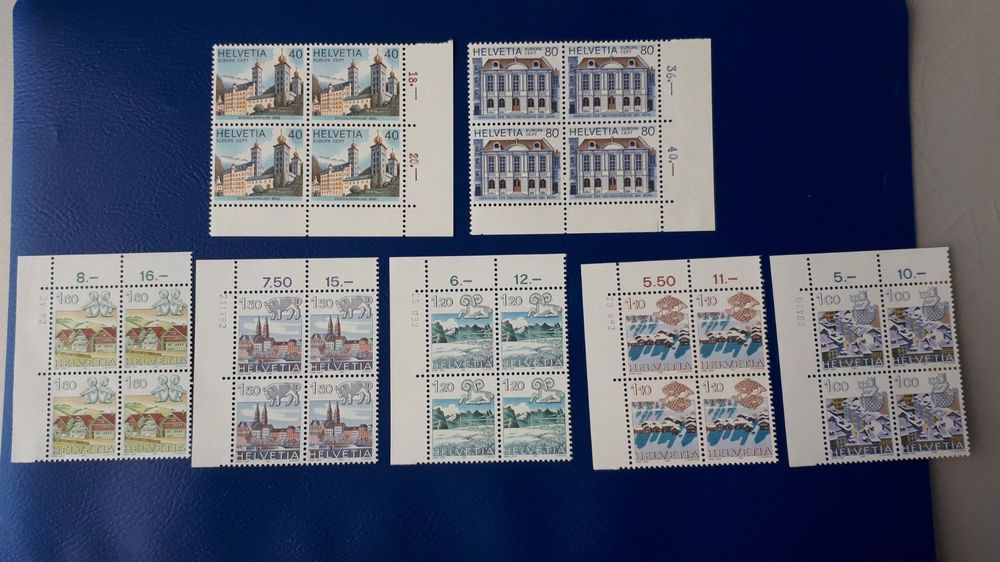 7 postfrische Viererblocks Helvetia Briefmarken 1982 (Neu und originalverpackt) in Seewen SZ für ...