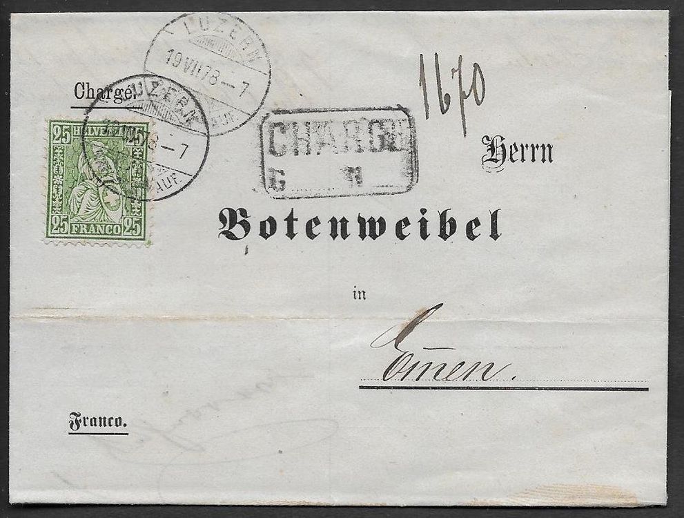 1878 R/Brief o Luzern Nr. 40 Einzelrankatur 25Rp. top ab 1.- (Gebraucht) in Zürich für CHF 3 ...