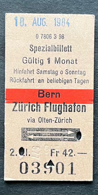 Spezialbillett Bern Zürich Flughafen via Olten-Zürich/ 1984 (Gebraucht) in Wabern für CHF 2.4 ...