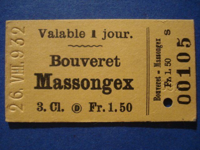 SBB - 26.8.1932 - BOUVERET - MASSONGEX - 3.Classe (Gebraucht) in Biel/Bienne für CHF 22 – mit ...