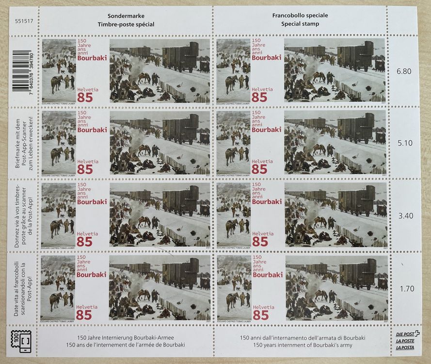 Bogen 125 Jahre Internierung Bourbaki Armee, Postfrisch (Neu (gemäss Beschreibung)) in Weiningen ...