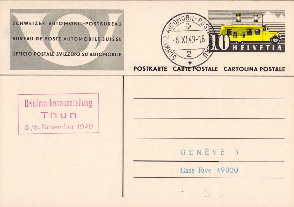 1949 Postkarte Thun Briefmarkenausstellung (Postauto) | Kaufen auf Ricardo