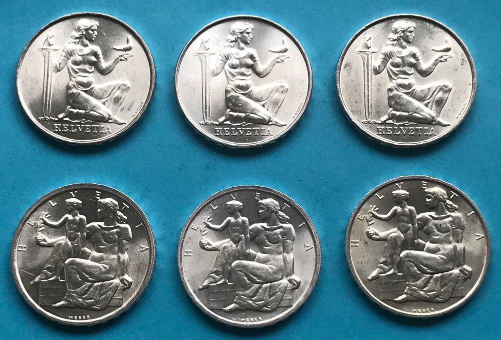 6 schöne Schweizer Silber 5 Franken-Gedenkmünzen 1936/1948 (Gebraucht) in Zürich für CHF 70 ...