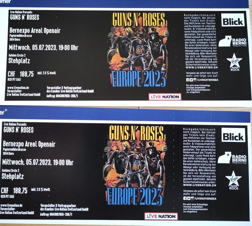 2x Tickets Gunsnroses 5 Juli In Bern Neu Gemäss Beschreibung 3712