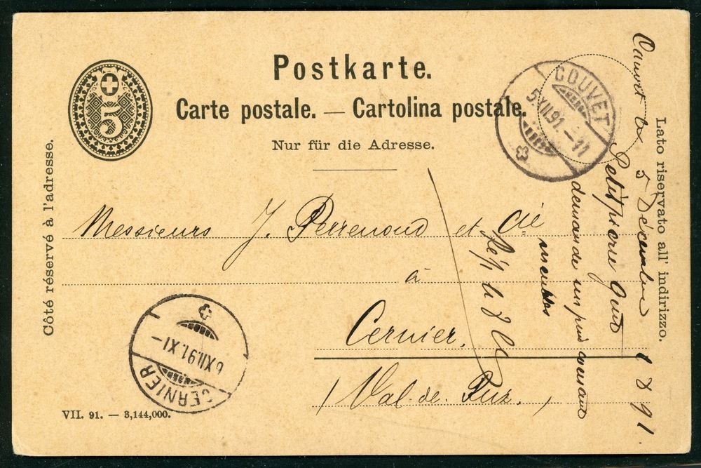 Postkarte: P22-T III / Pk 021, VII 91, Couvet-Cernier 1891 | Kaufen auf ...