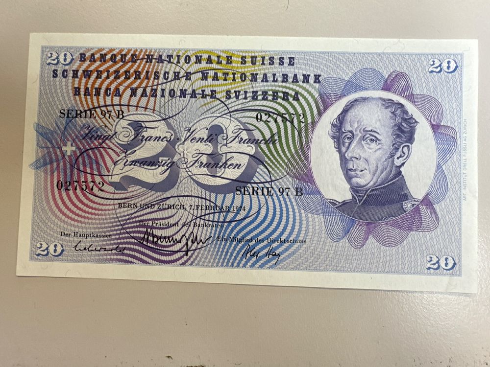 20 Fr.-Note Schweiz 1974 fast bankfrisch 1 Druckstelle (Neu (gemäss ...