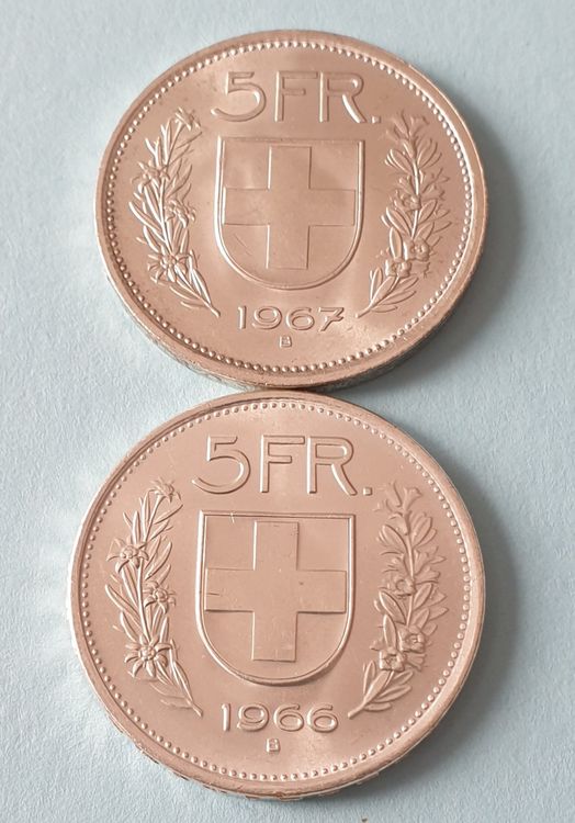 2 X 5 FRANKEN SILBERMÜNZE 1966 + 1967 UNZIRKULIERT | Kaufen auf Ricardo