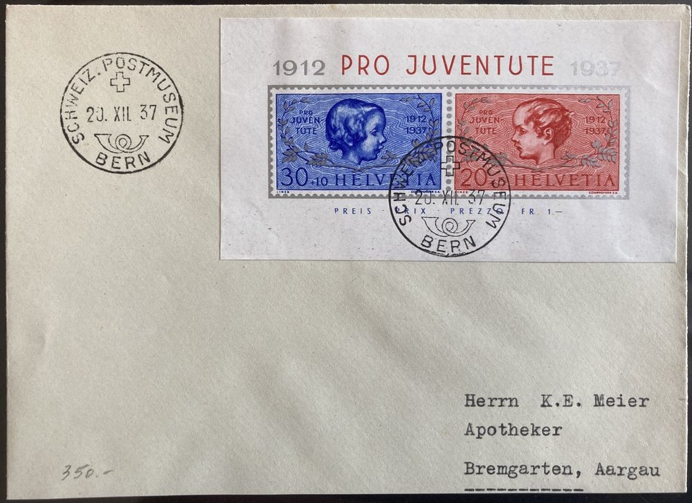 1937, FDC PJ Block 1937,J83I+J84I Postmuseum, SBK 350 Fr. (Gebraucht) in Flawil für CHF 69 – mit ...