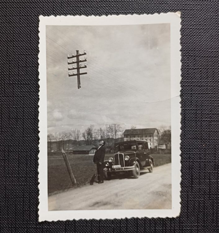 Antikes Foto ,,SCHWEBENDER TELEFONMAST,, mit Oldtimer PTT (Gebraucht ...