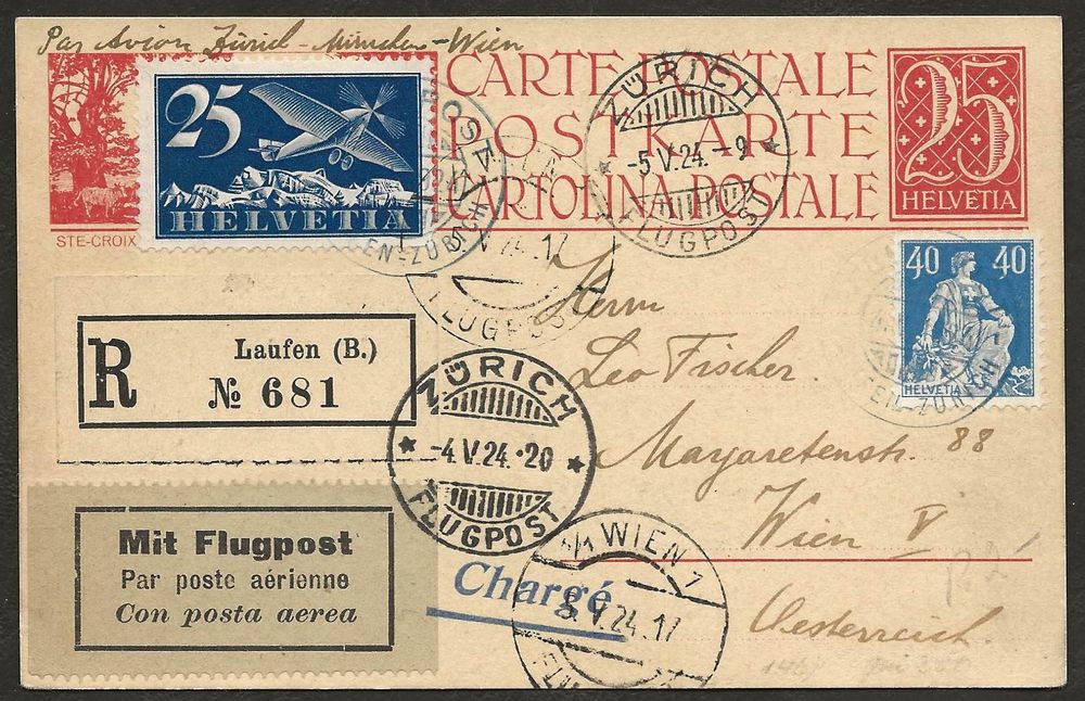 Flugpost Schweiz 1924 Laufen Zürich Wien Luftpost SF + RF | Kaufen auf Ricardo