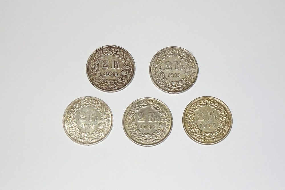 2 Franken Silbermünzen 5 Stk. 1928, 1943, 1955, 1963, 1965 (Gebraucht ...