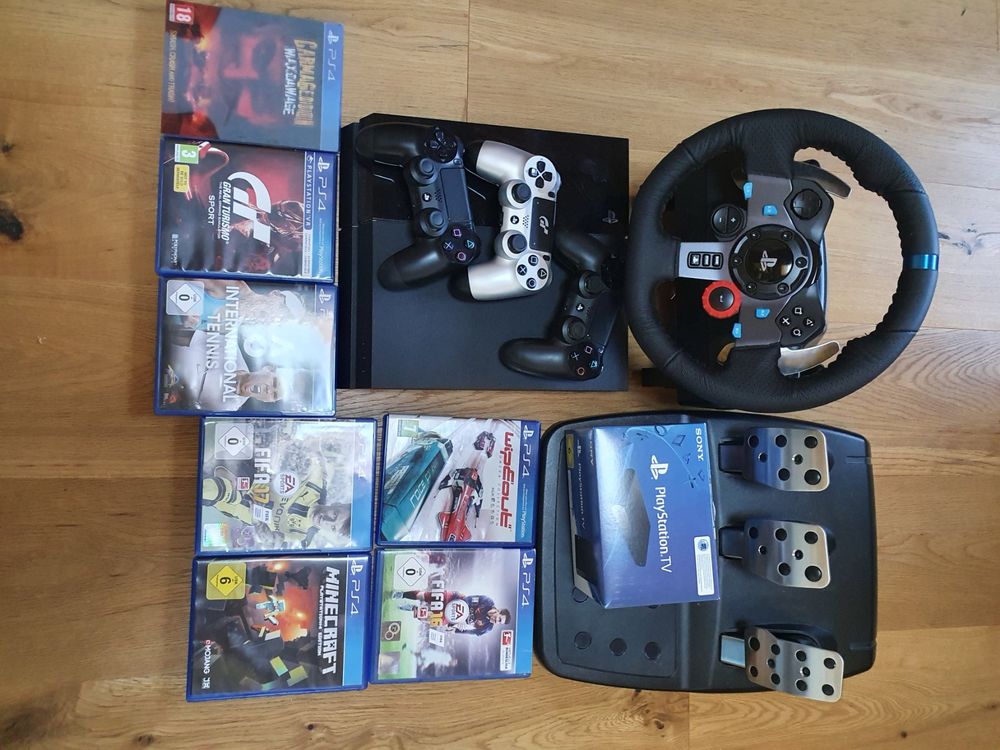 PS4, Lenkrad, Gaspedal, 3 Controller, Games, Playstation TV (Gebraucht) in Greifensee für CHF ...