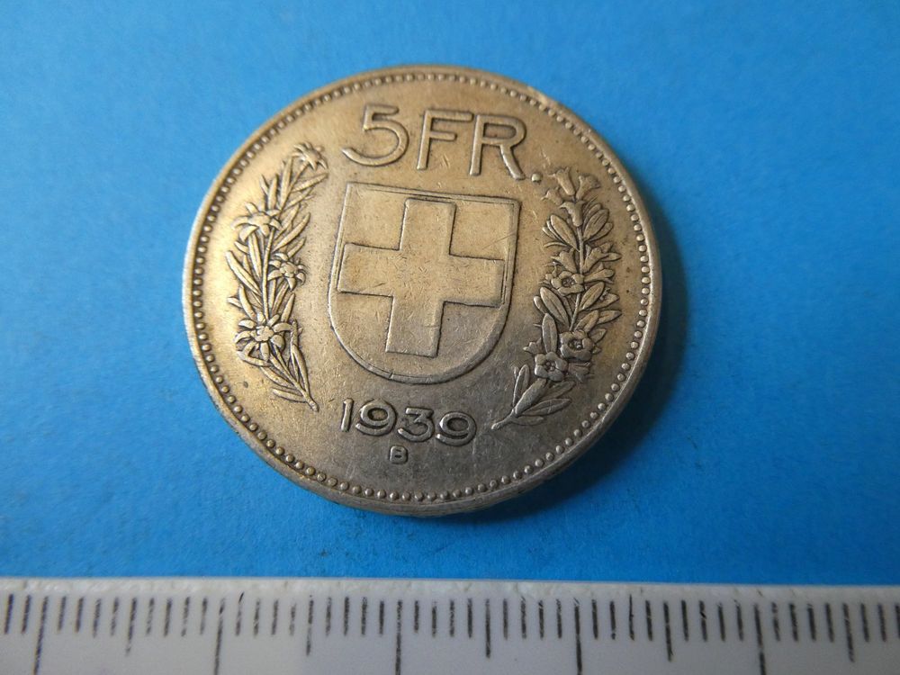 Schweiz 1939, 5 Franken - Silber - Rand beschädigt (Gebraucht) in Hinterforst für CHF 8 – mit ...