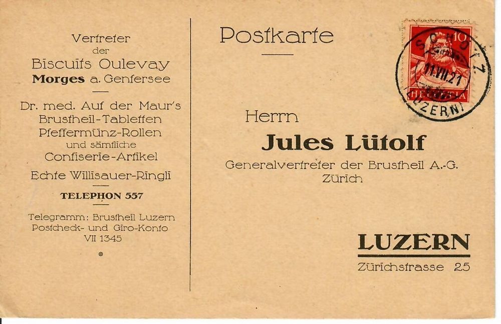 PK, Biscuits Oulevay Morges nach Luzern 1921 (Gebraucht) in Hochdorf ...
