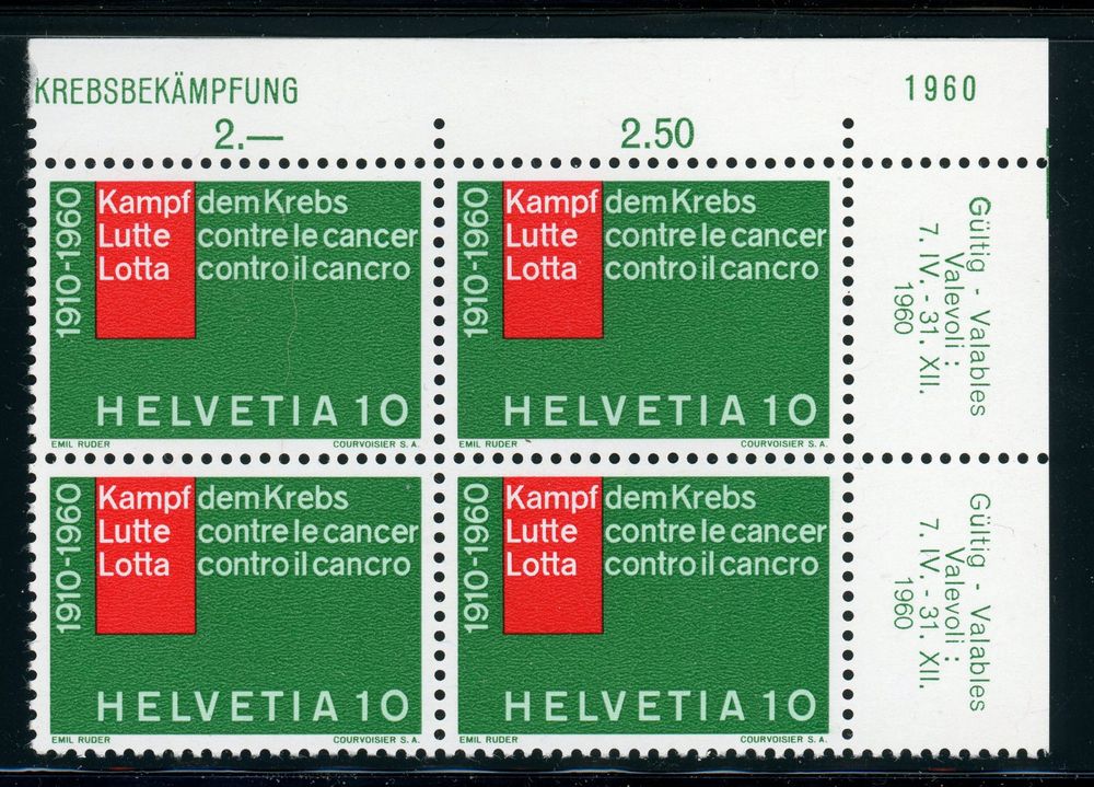 FWM Viererblock **: 351 Kampf dem Krebs, 1960 (Neu (gemäss Beschreibung)) in Goldswil für CHF 2. ...