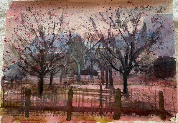 Aquarell «Obstgarten in Winterlichen Abendsonne» Pierre Beck (Gebraucht ...