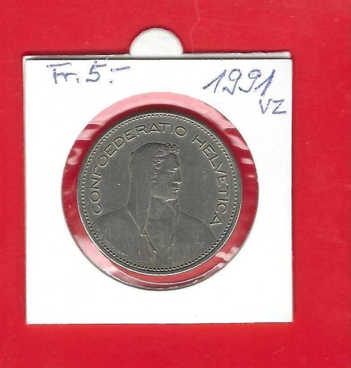 rarer 5.- Fr. 1991aus Münzsatz/u.E.vz+/vertiefte Randschrift (Neu (gemäss Beschreibung)) in ...