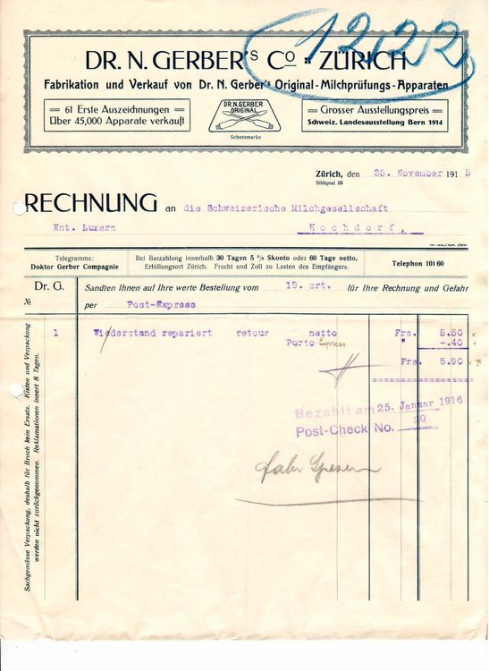 Dr. N. Gerber & Co. Zürich Milchprüfungs - Apparate 1915 (Gebraucht) in Wolhusen für CHF 5 – mit ...