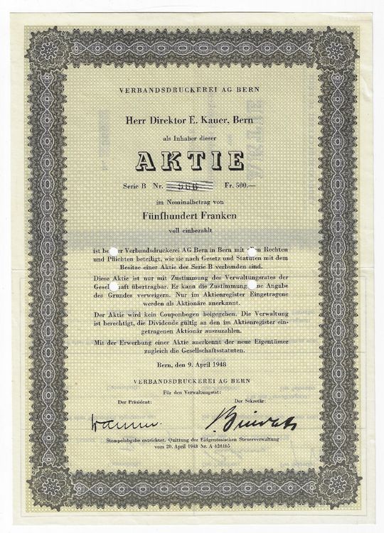 Verbandsdruckerei AG Bern - Aktie (Gebraucht) in Balsthal für CHF 10 – mit Lieferung auf Ricardo ...