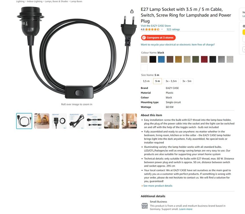 5 m cable with E27 socket, switch, screw ring, power plug (Neu und ...