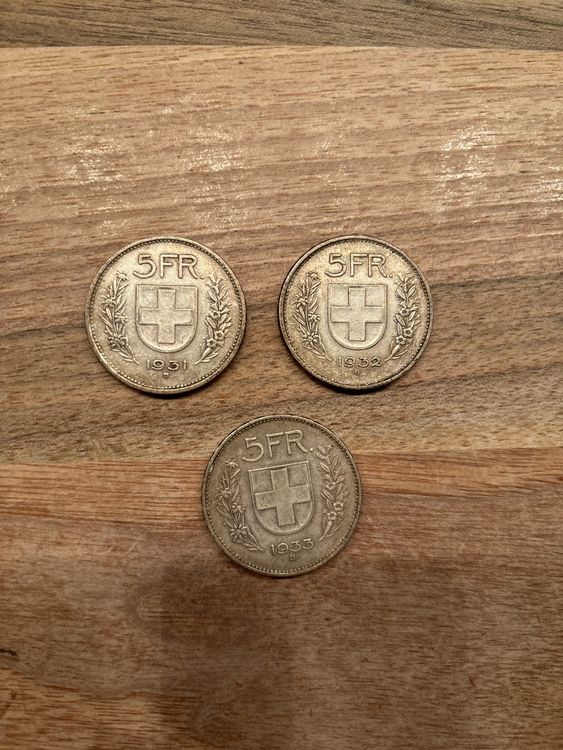 3x 5 Franken Silbermünzen 1931, 1932, 1933 (Gebraucht) in Gerlikon für CHF 50 – mit Lieferung ...