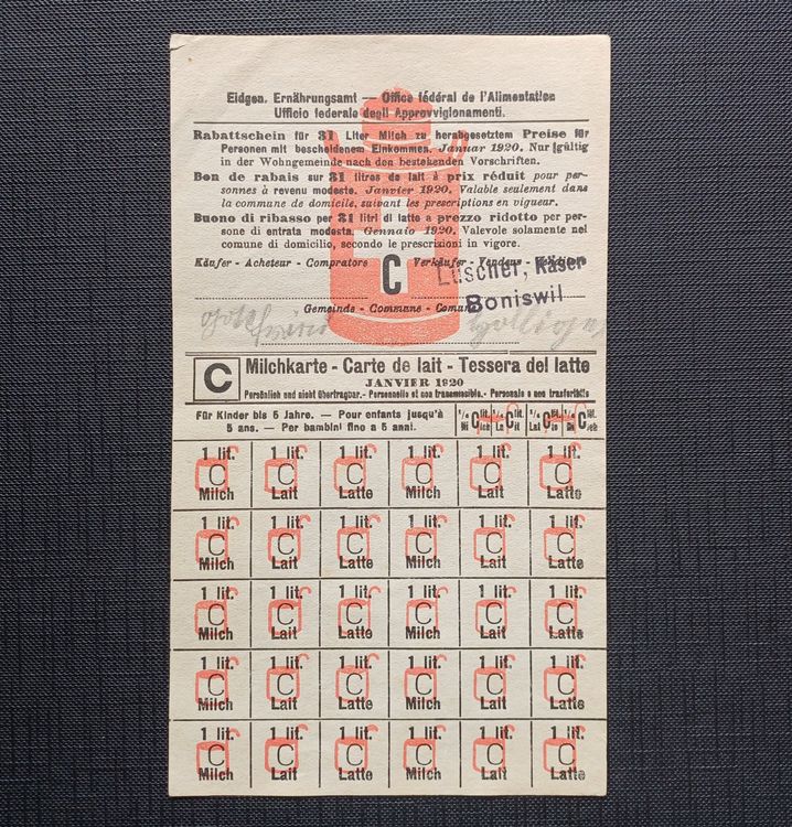 Rationsmarken BONISWIL Käserei Lüscher 1920 MILCHKARTE (Gebraucht) in ...