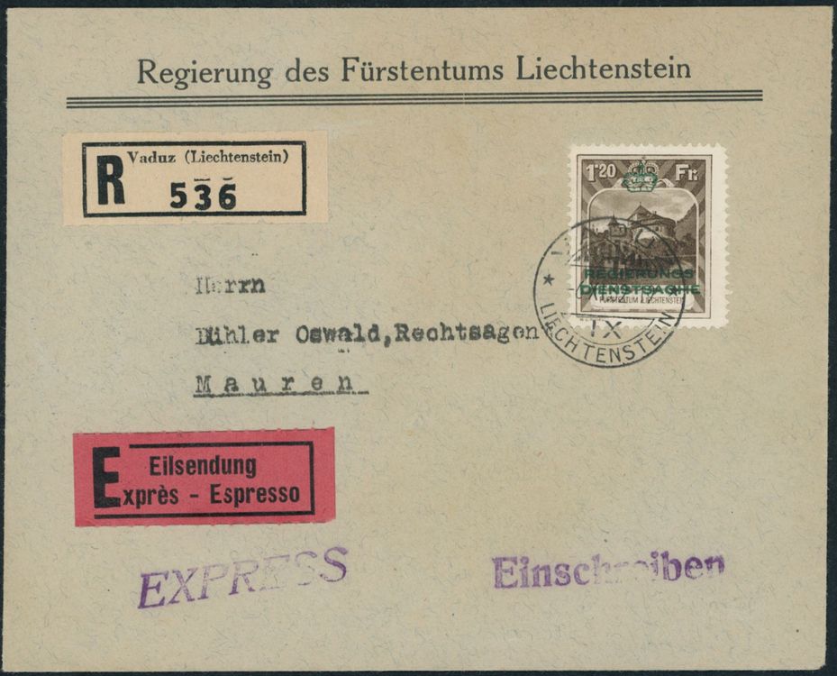 FL - 1932 - Dienstmarken - Express R Brief - EF - Vaduz (Gebraucht) in Schindellegi für CHF 575 ...