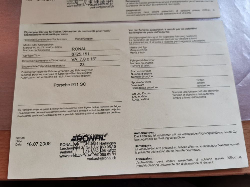 Eignungserklärung für Ronal Penta Räder auf Porsche 911 SC (Neu (gemäss ...