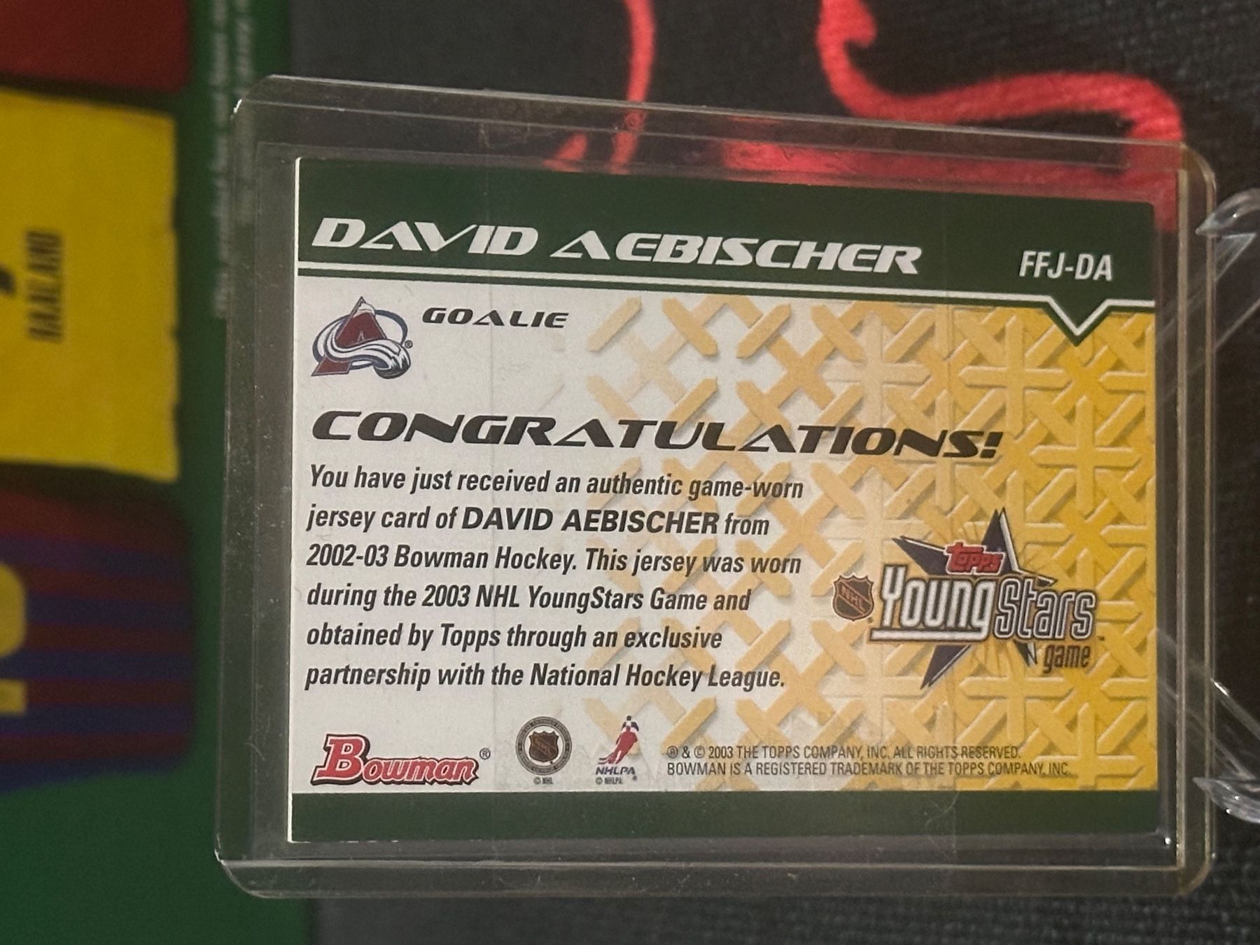 David Aebischer 2002/03 Bowman YoungStars Game-Worn Jersey (Gebraucht ...