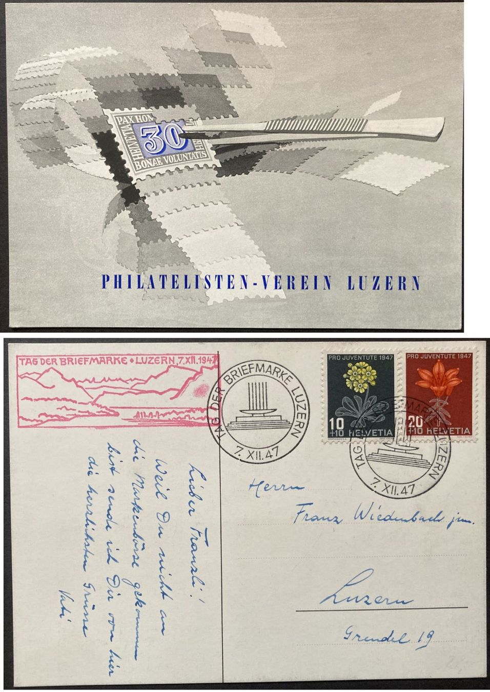 1947, TdB Philatelisten-Verein Luzern mit SS, SBK 300 Fr. (Gebraucht) in Flawil für CHF 59 – mit ...