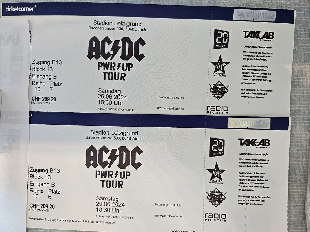 2 AC/DC Sitzplatztickets 29.06.2024 in Zürich (Neu (gemäss Beschreibung ...