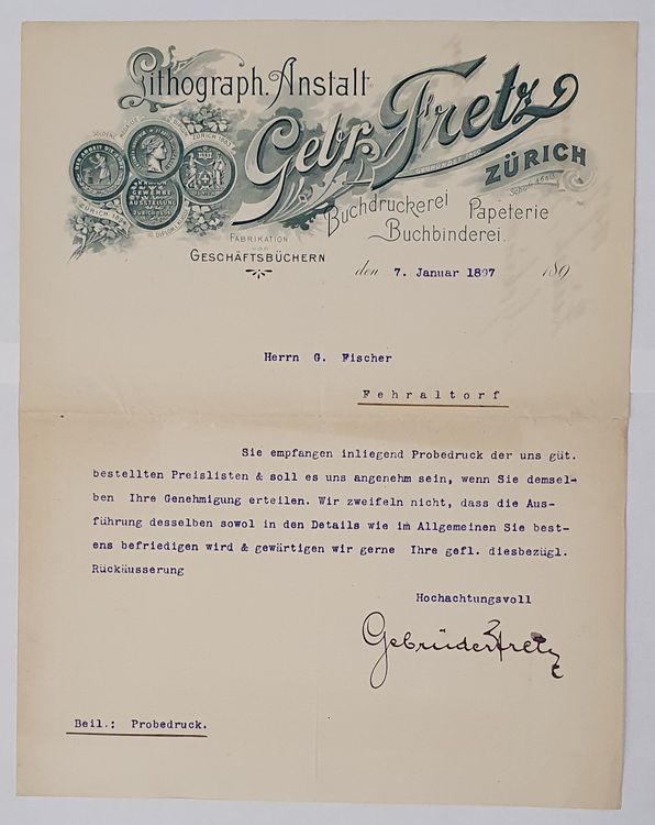 Zürich 1897 -Lithograp. Anstalt,Gebr. Fretz, Litho Briefkopf (Gebraucht) in Kreuzlingen für CHF ...