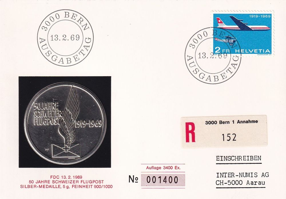 FDC mit 5g-Silber-Medaille 50 Jahre Schweiz. Flugpost 1969 (Gebraucht) in Baar für CHF 4 – mit ...