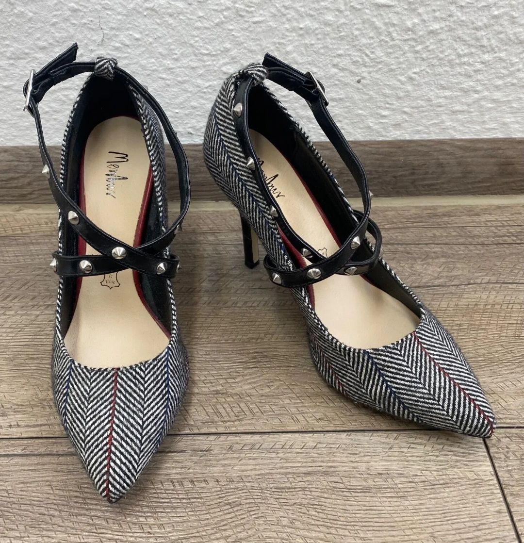 MENBUR Damen Pumps Spitz Pfennigabsatz 9 cm kariert mit Niet (Neu ...