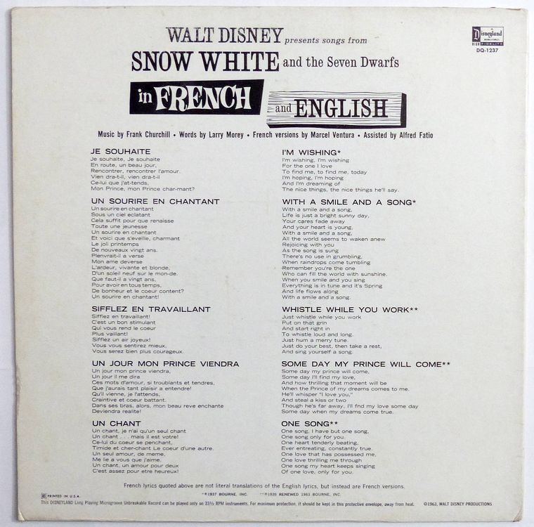 WALT DISNEY SNOW WHITE FRENCH ENGLISH VINYL LP RECORD 1963 | Kaufen auf ...