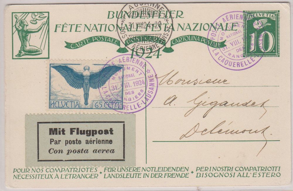 Bundesfeierkarte 1924 mit Flugpost (Gebraucht) in Eschlikon TG für CHF 10 – mit Lieferung auf ...