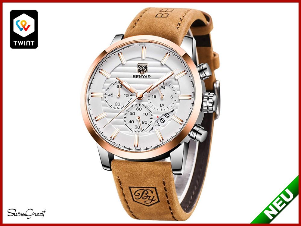 Elegante Herren Chronograph-Uhr mit Lederarmband (Neu und originalverpackt) in Develier für CHF ...