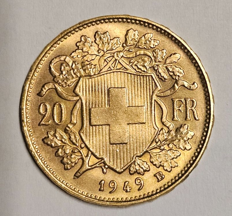 Goldmünze 20 FR. Helvetia 1949 B Jahrgang Top Zustand (Gebraucht) in ...