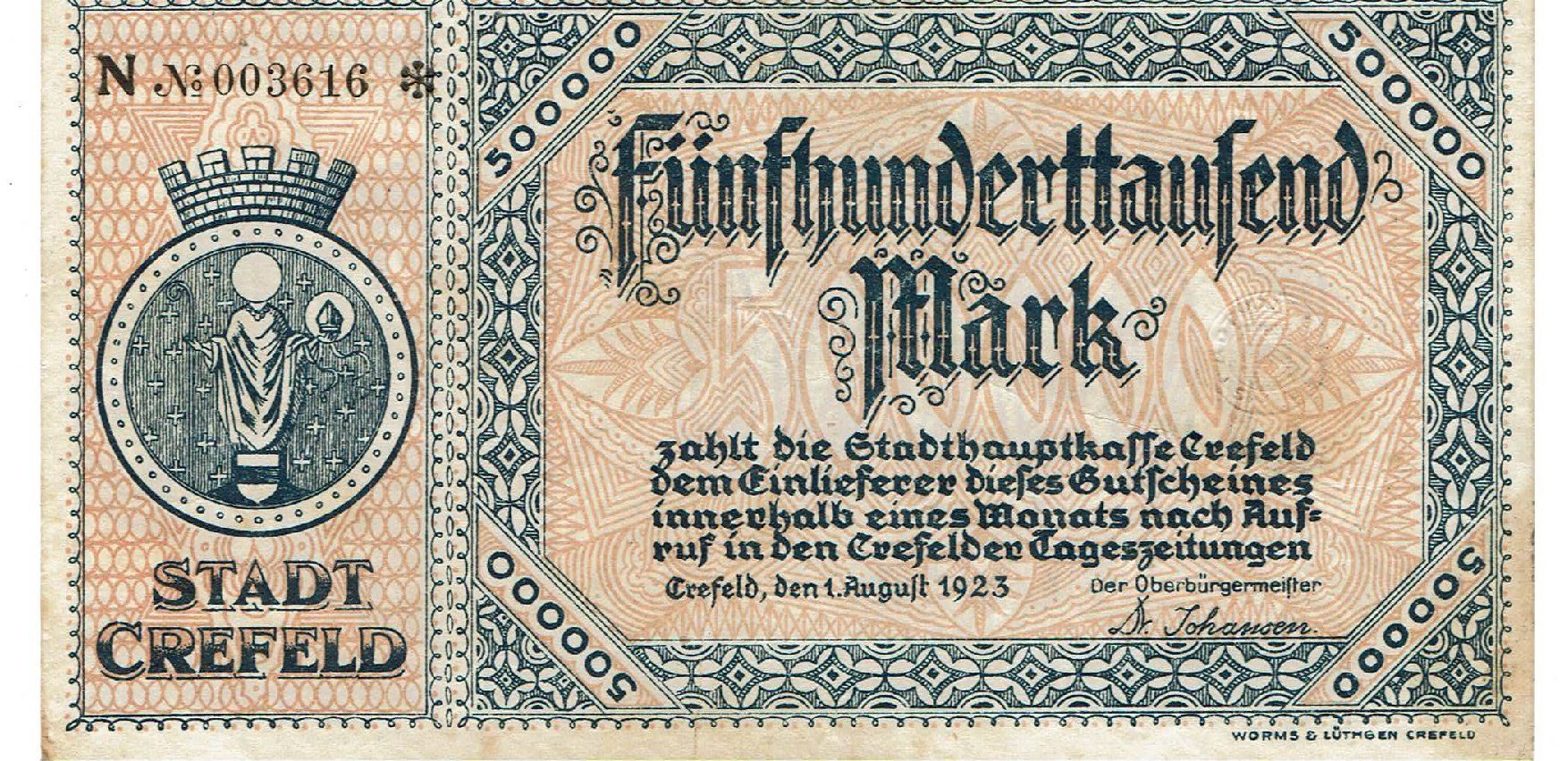 Crefeld 500000 Mark Serie N 01.08.1923 VZ-VZ+ (Gebraucht) in ...