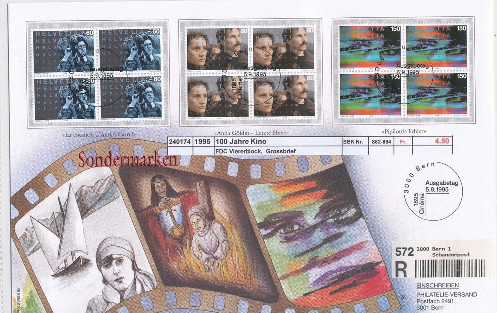 1995 "100 Jahre Kino" - Vierblock FDC, Grossbrief (Gebraucht) in Winterthur für CHF 4.5 – mit ...