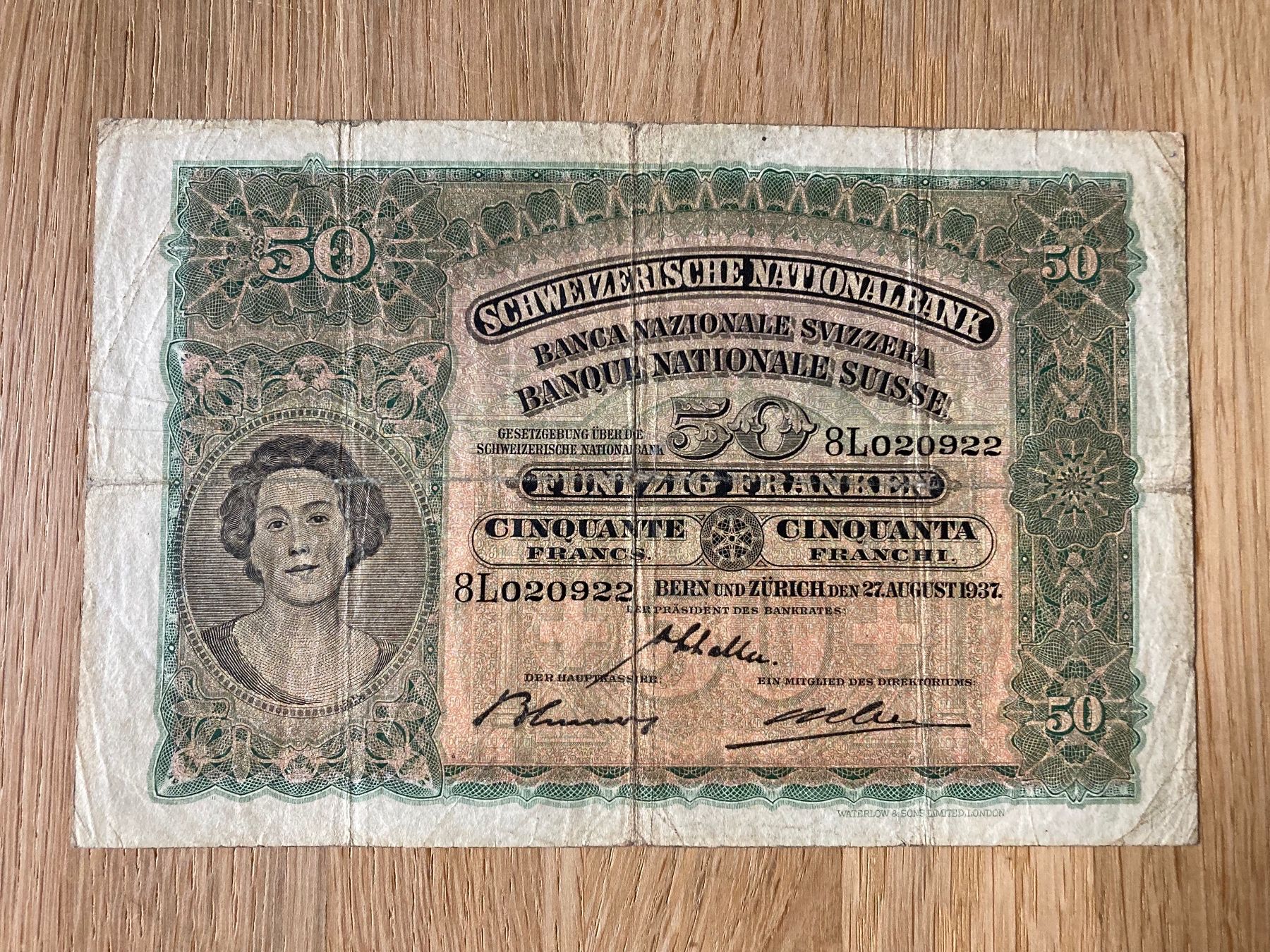 Schweiz 50 Franken Banknote Holzfäller von 1937 gefalten (Gebraucht) in ...