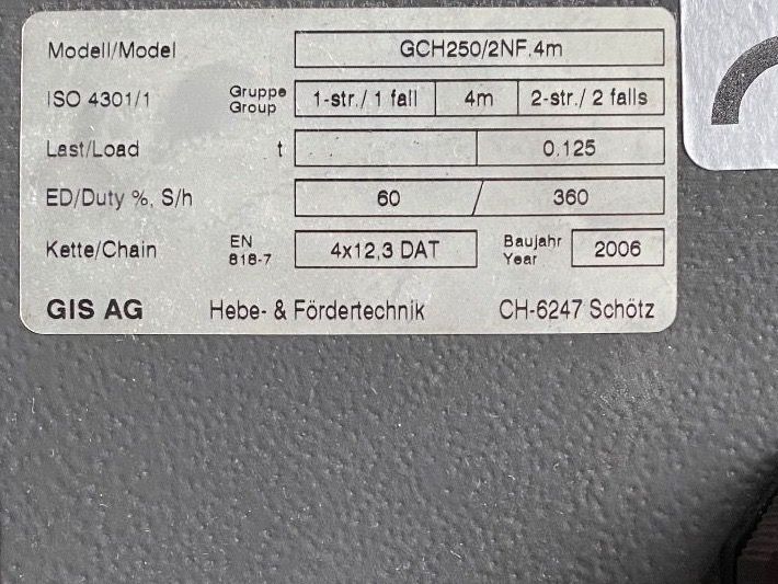 Gis Kettenzug Seilzug Kran GCH250/2NF 125Kg (kein Demag) (Gebraucht) in Riedt b. Erlen für CHF ...