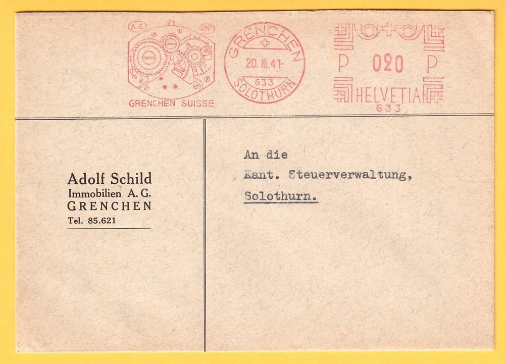 Ganzsache Adolf Schild AG Grenchen Freistempel Uhrwerk (Gebraucht) in ...